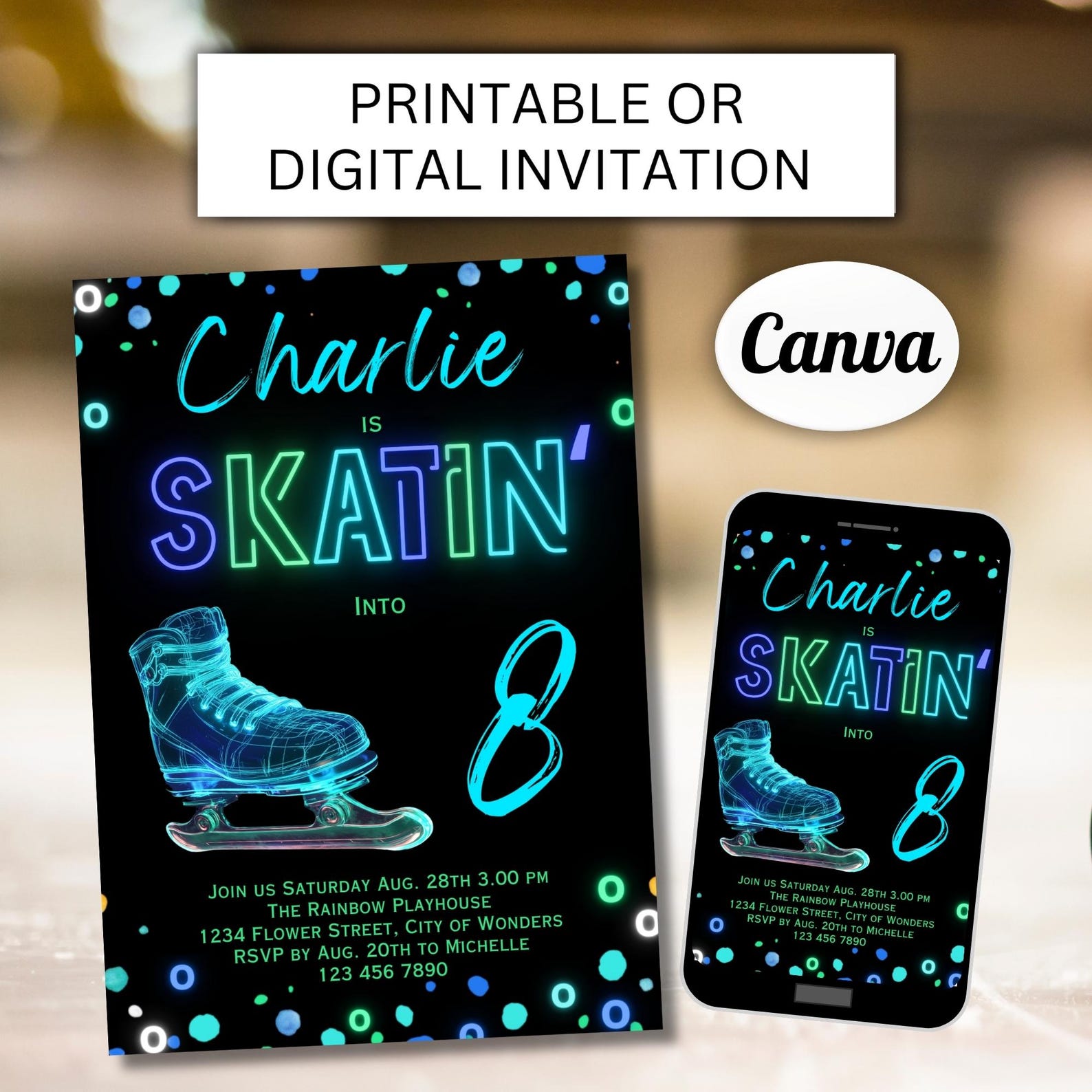 Editable Iceskating Invite Boys Skating Birthday Invitation Neon Ice-skating Invite Glow Skating ...