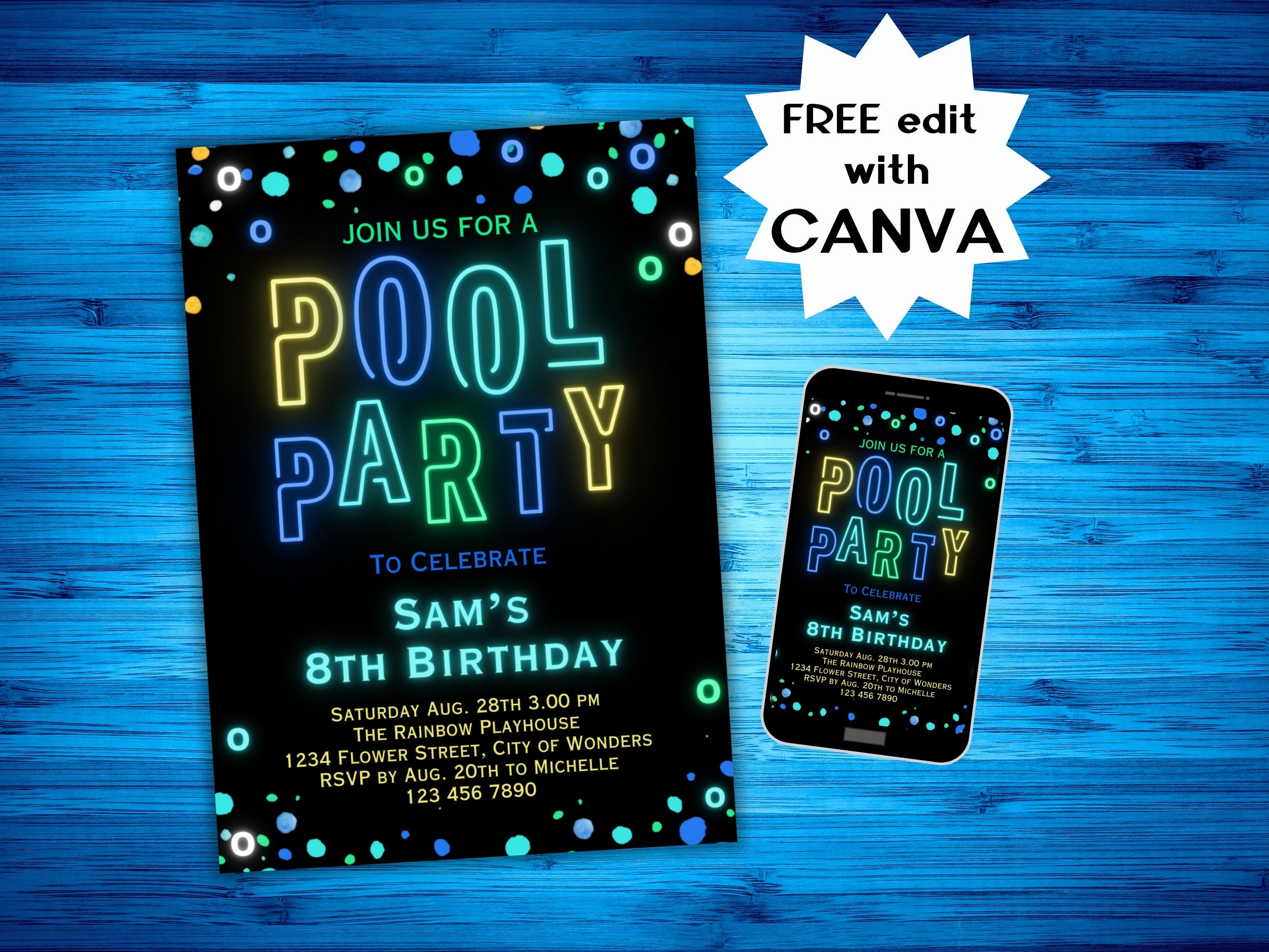 Neon Pool Party Birthday Invitation Boys Blue Green Summer Invite Glow ...