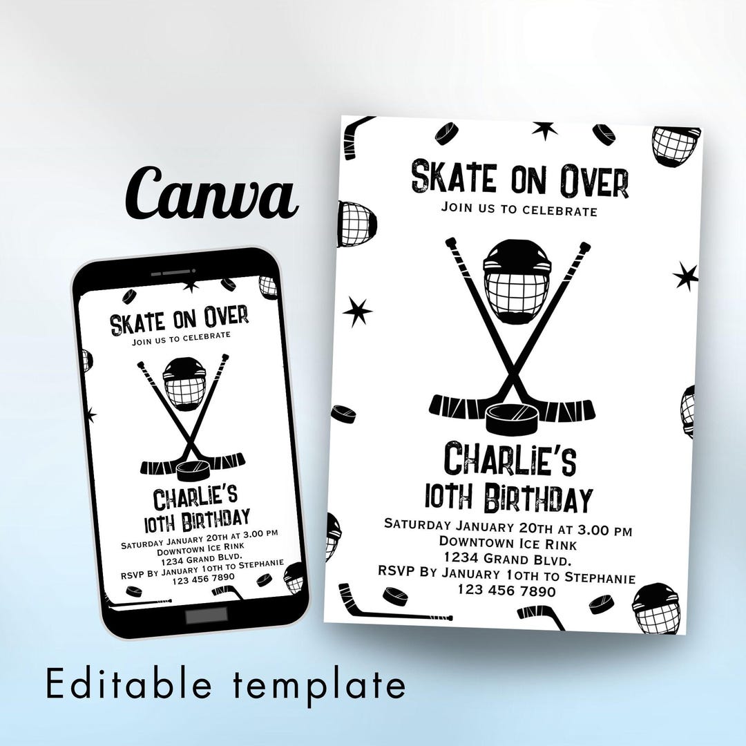 Ice Hockey Birthday Party Invitation Ice-skating Invite Canva Template ...