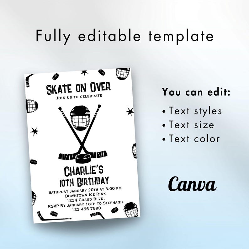 Ice Hockey Birthday Party Invitation Ice-skating Invite Canva Template ...