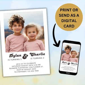 2 Person Birthday Editable Twin Invitation Combined Birthday Dual ...