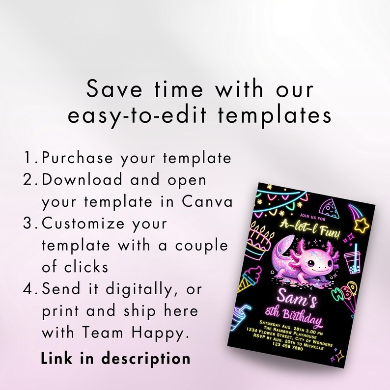 Cute Axolotl Birthday Invitation Template Neon Glow Axolotl Digital ...