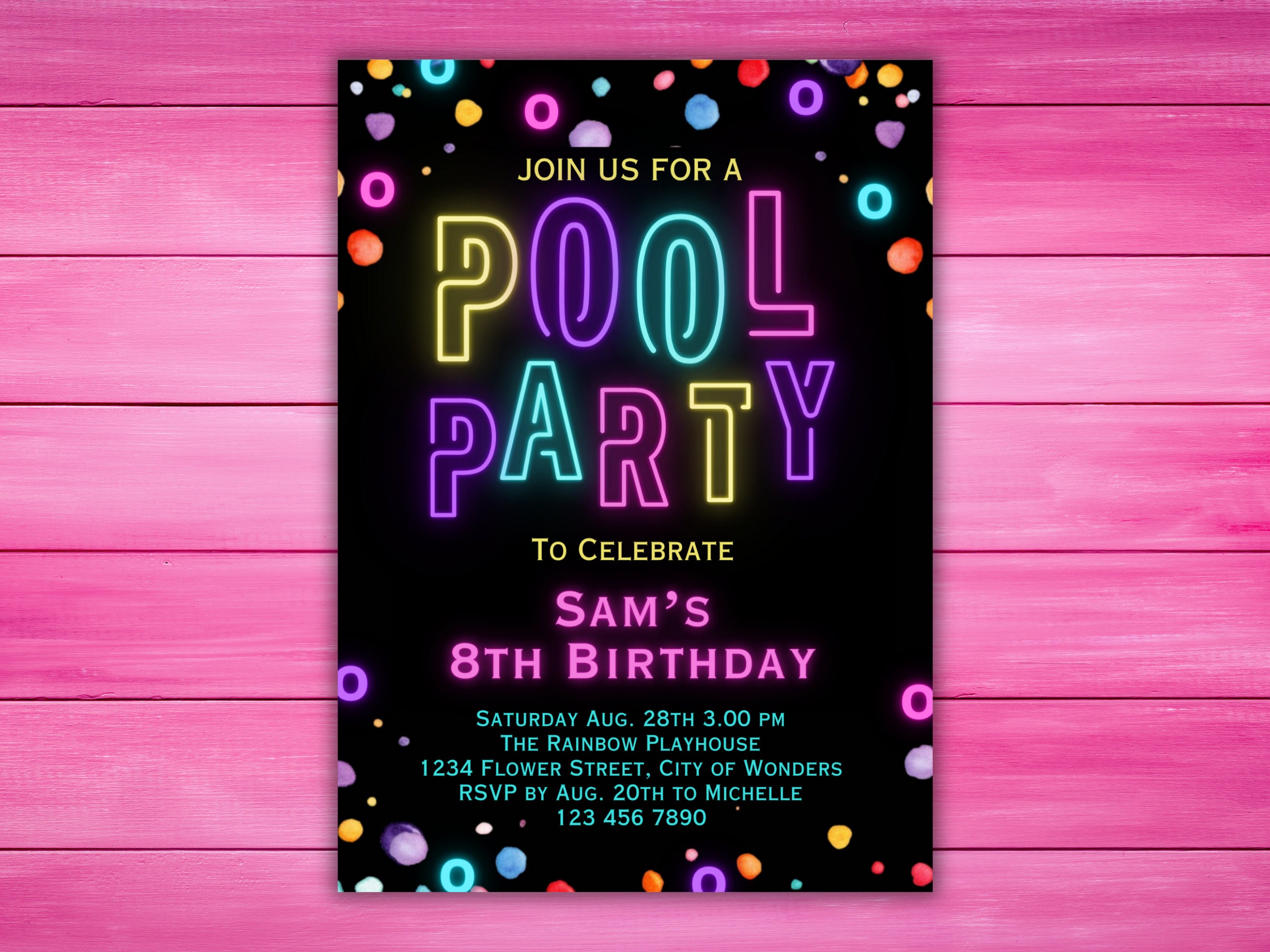Neon Glow Pool Party Birthday Invitation Girls Pink Purple Summer ...
