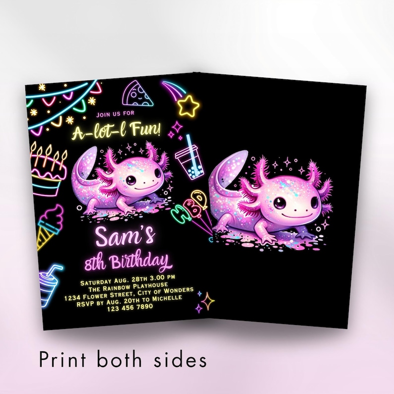 Cute Axolotl Birthday Invitation Template Neon Glow Axolotl Digital ...