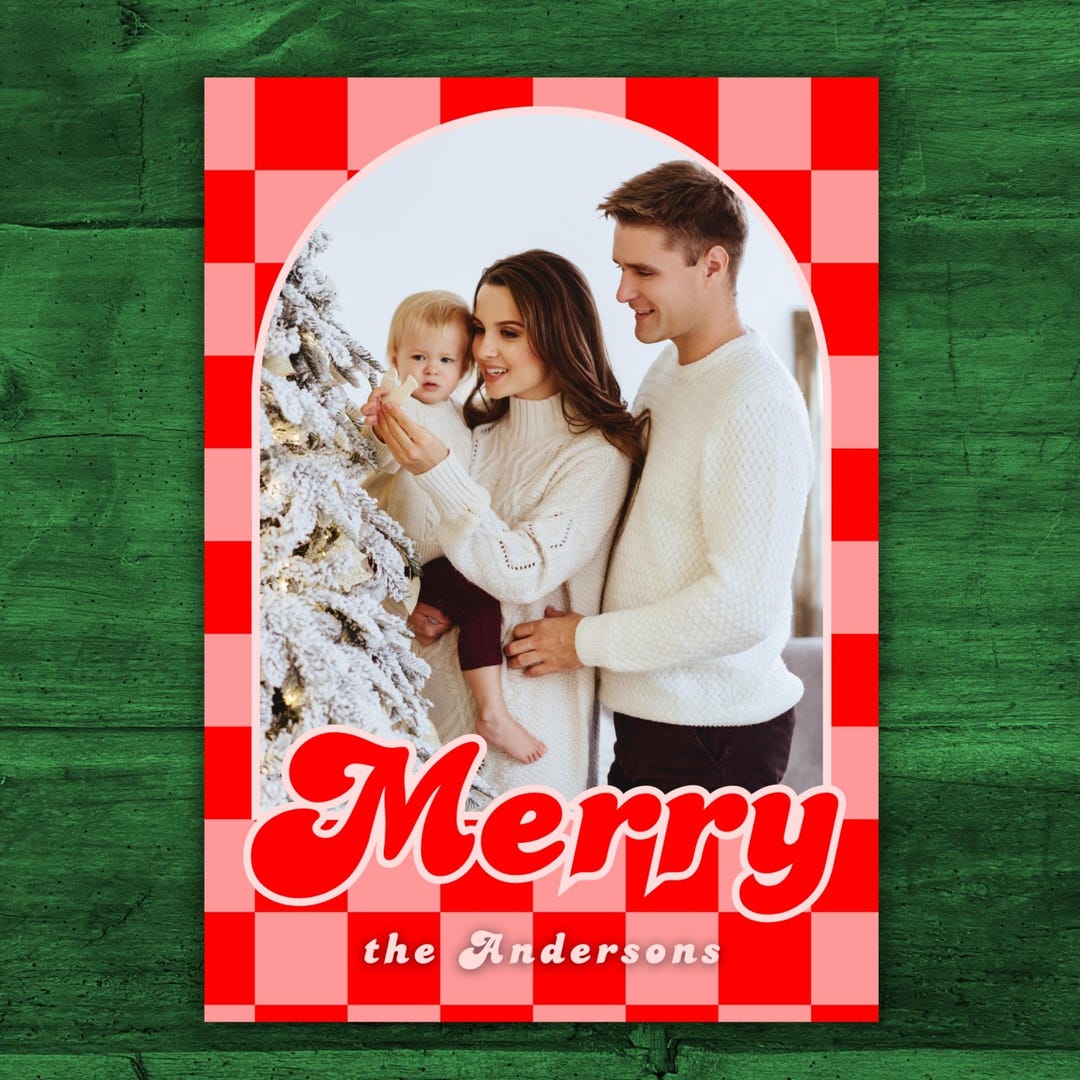 Retro Checkered Christmas Card Template Red Retro Holiday Card Boho ...