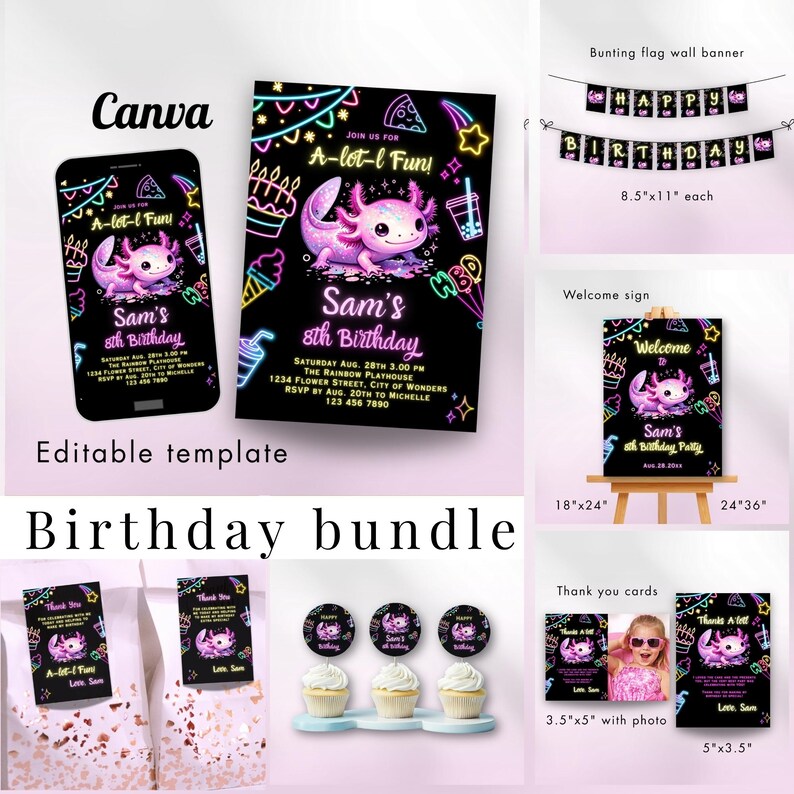 Cute Axolotl Birthday Invitation Template Neon Glow Axolotl Digital ...