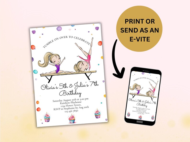 Dual Birthday Invite Gymnast Party Invite Balance Beam Gymnastic Invite ...