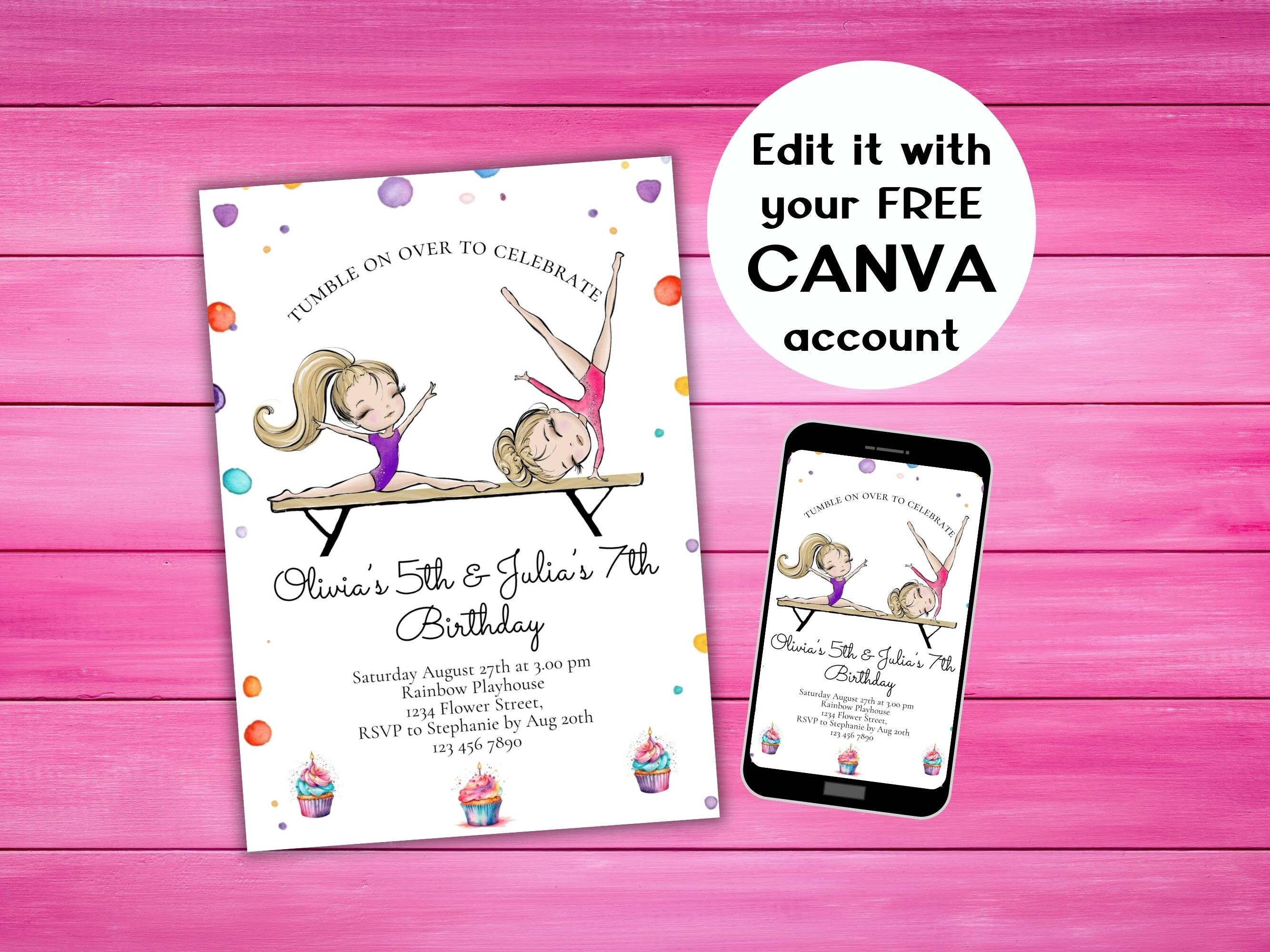 Dual Birthday Invite Gymnast Party Invite Balance Beam Gymnastic Invite