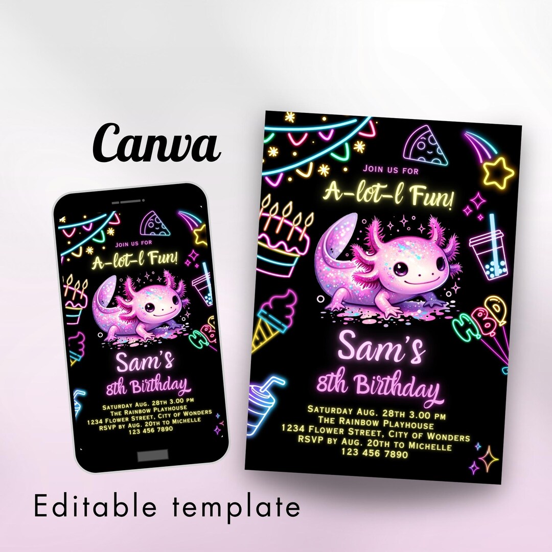 Cute Axolotl Birthday Invitation Template Neon Glow Axolotl Digital ...