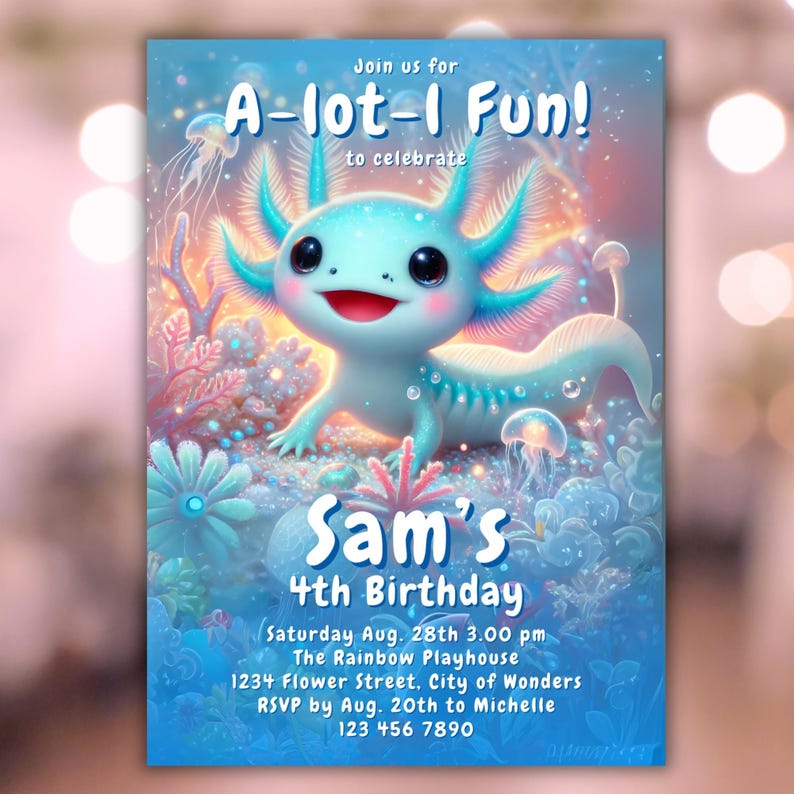 Boy Axolotl Birthday Invite Neon Glow Boy Axolotl Party Digital Invite ...