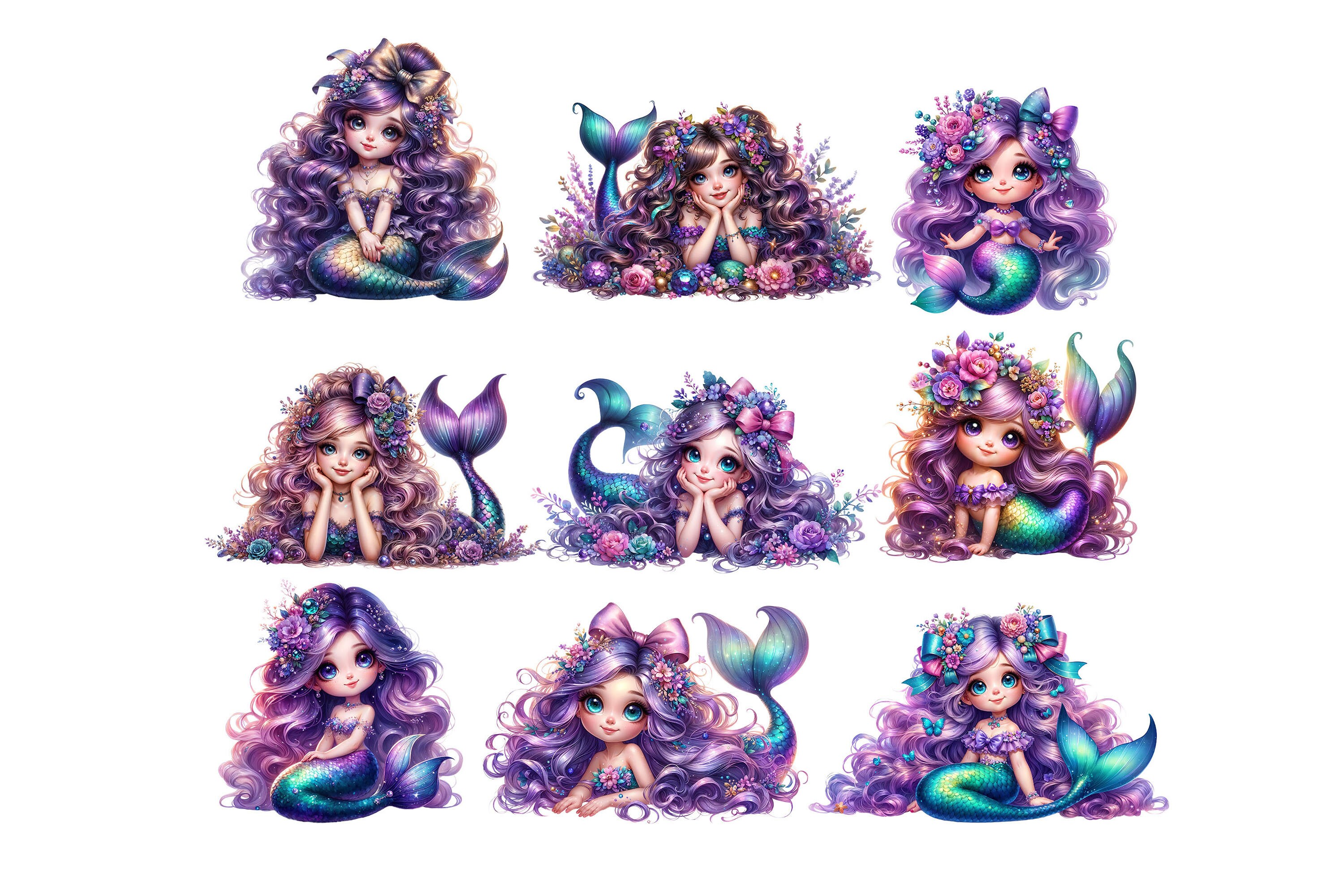 Cute Mermaid Clipart Bundle, Watercolor Mermaid Friends PNG Set, Little ...