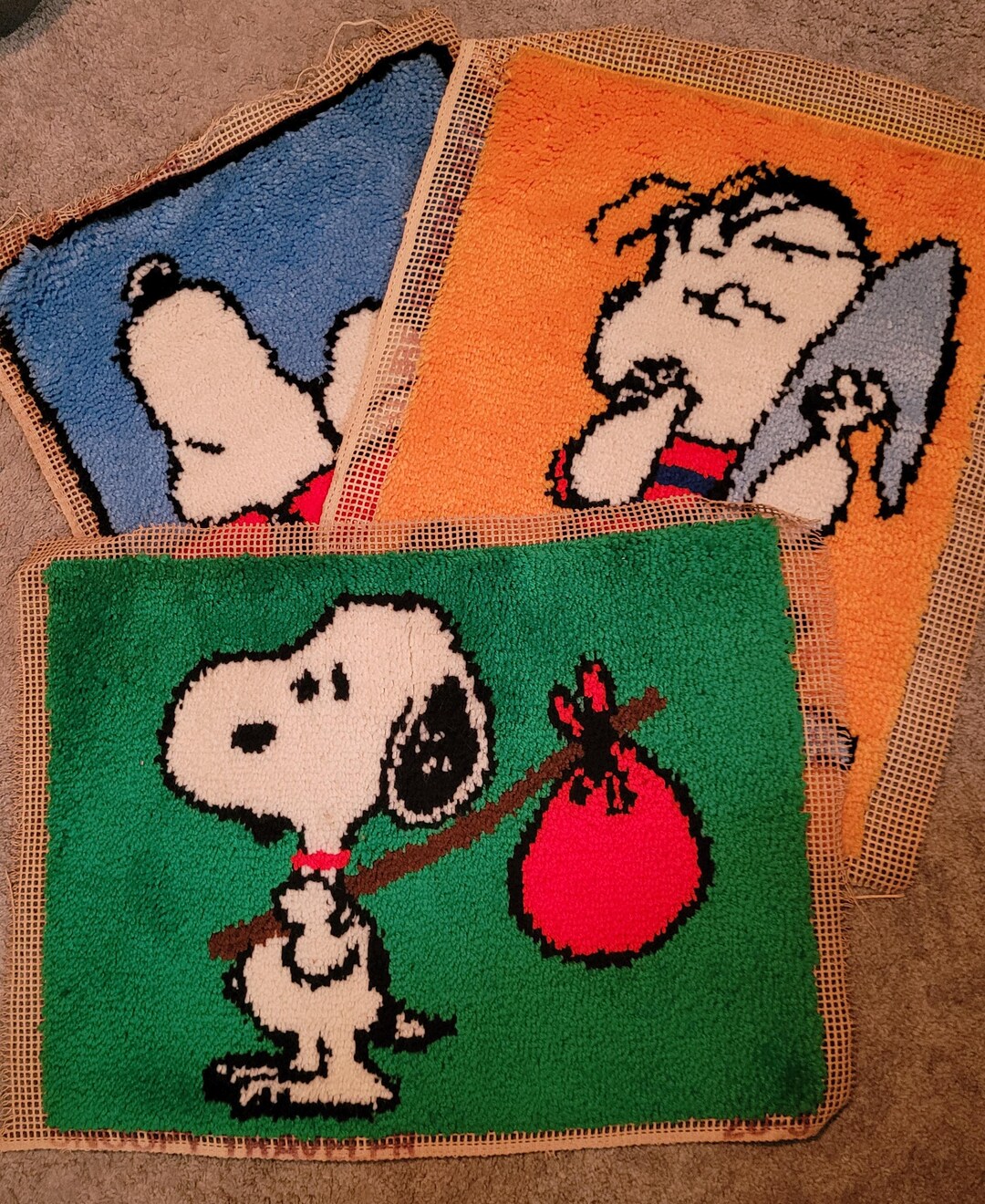 Vintage Lot of 3 Snoopy & Linus Latch Hook Rugs Completed Except for ...