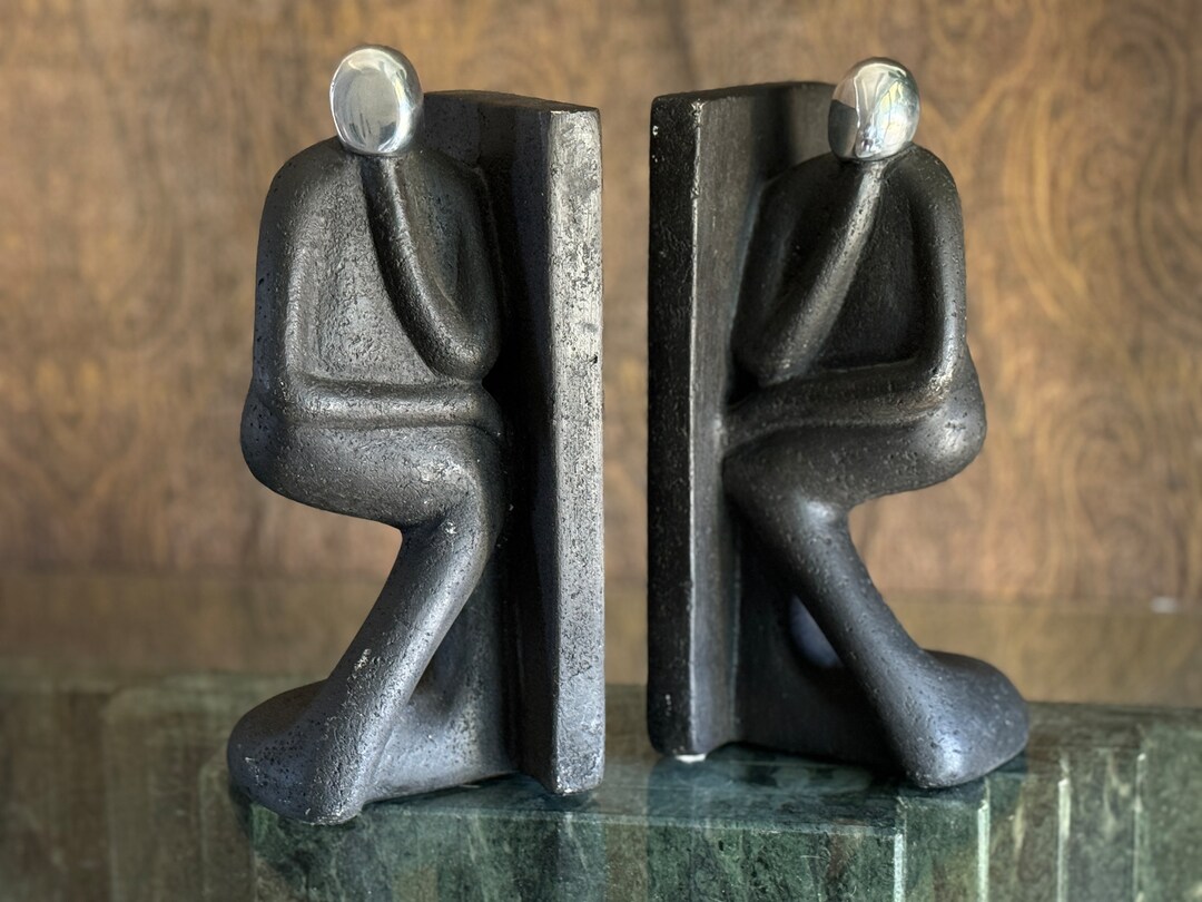 Black Stone Form Bookends Figure Vintage Abstract MCM Thinker Pose ...