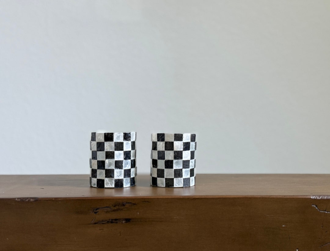 Checkered Black and White Candle Holders Pair of Vintage Glass Checker ...