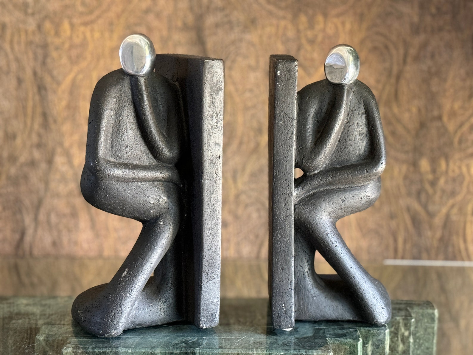Black Stone Form Bookends Figure Vintage Abstract MCM Thinker Pose ...