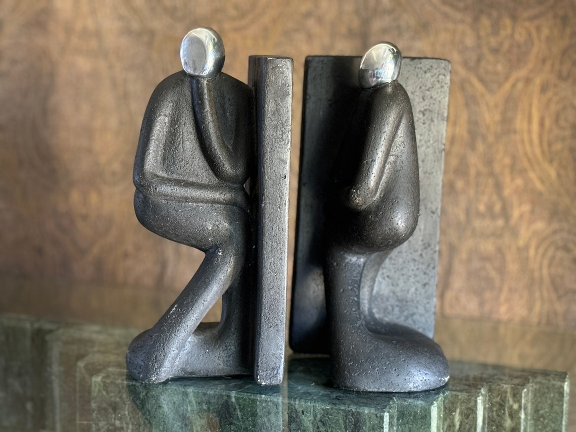 Black Stone Form Bookends Figure Vintage Abstract MCM Thinker Pose ...