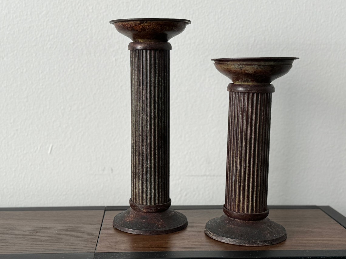 Vintage Roman Style Two Tier Metal Candle Holder Set for Pillar Candles ...