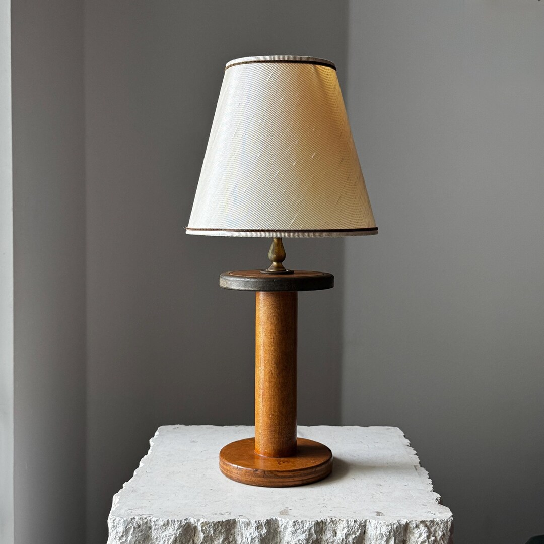 Vintage Wool Bobbin Table Lamp Rustic Wood Spool Lamp With Shade ...