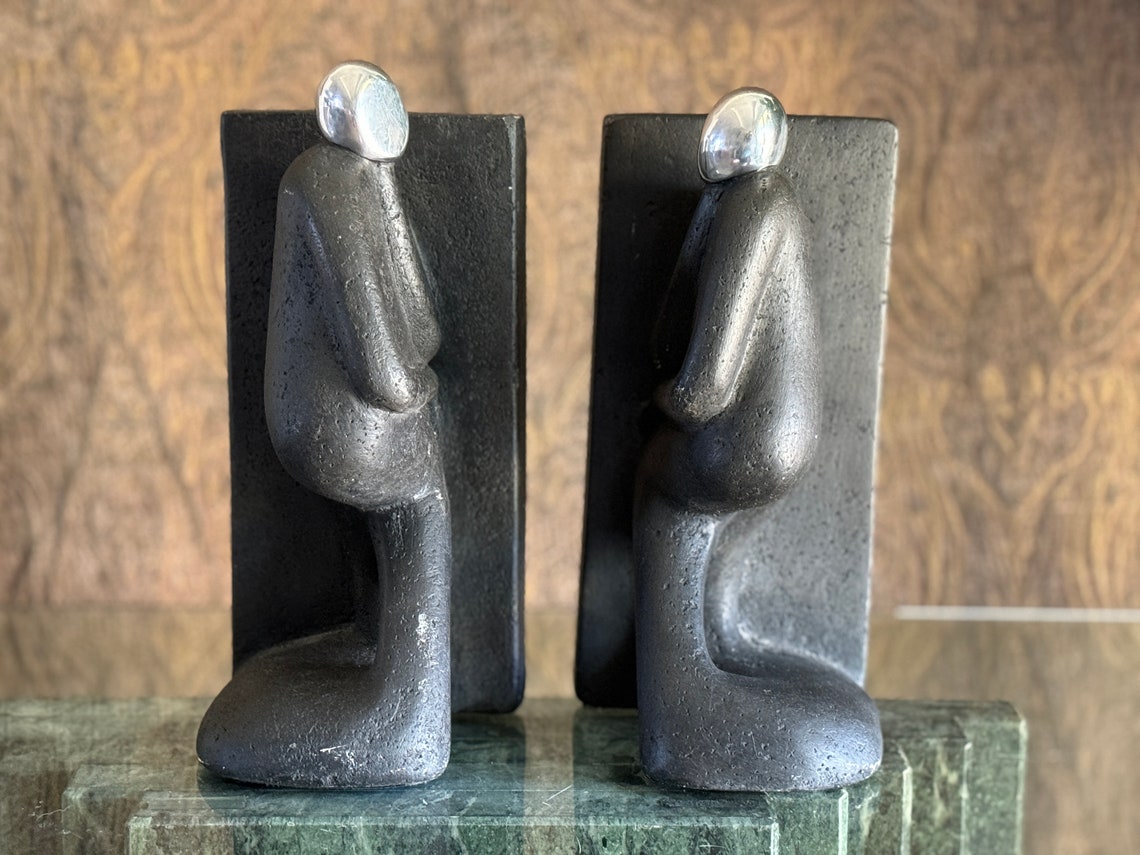 Black Stone Form Bookends Figure Vintage Abstract MCM Thinker Pose ...