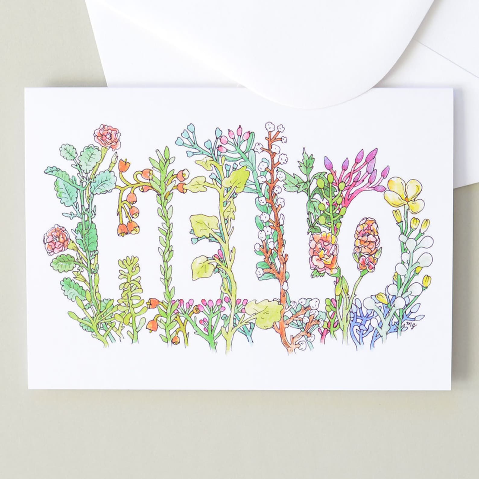 Greeting Card Hello in Flowers Illustration by Marie - Etsy
