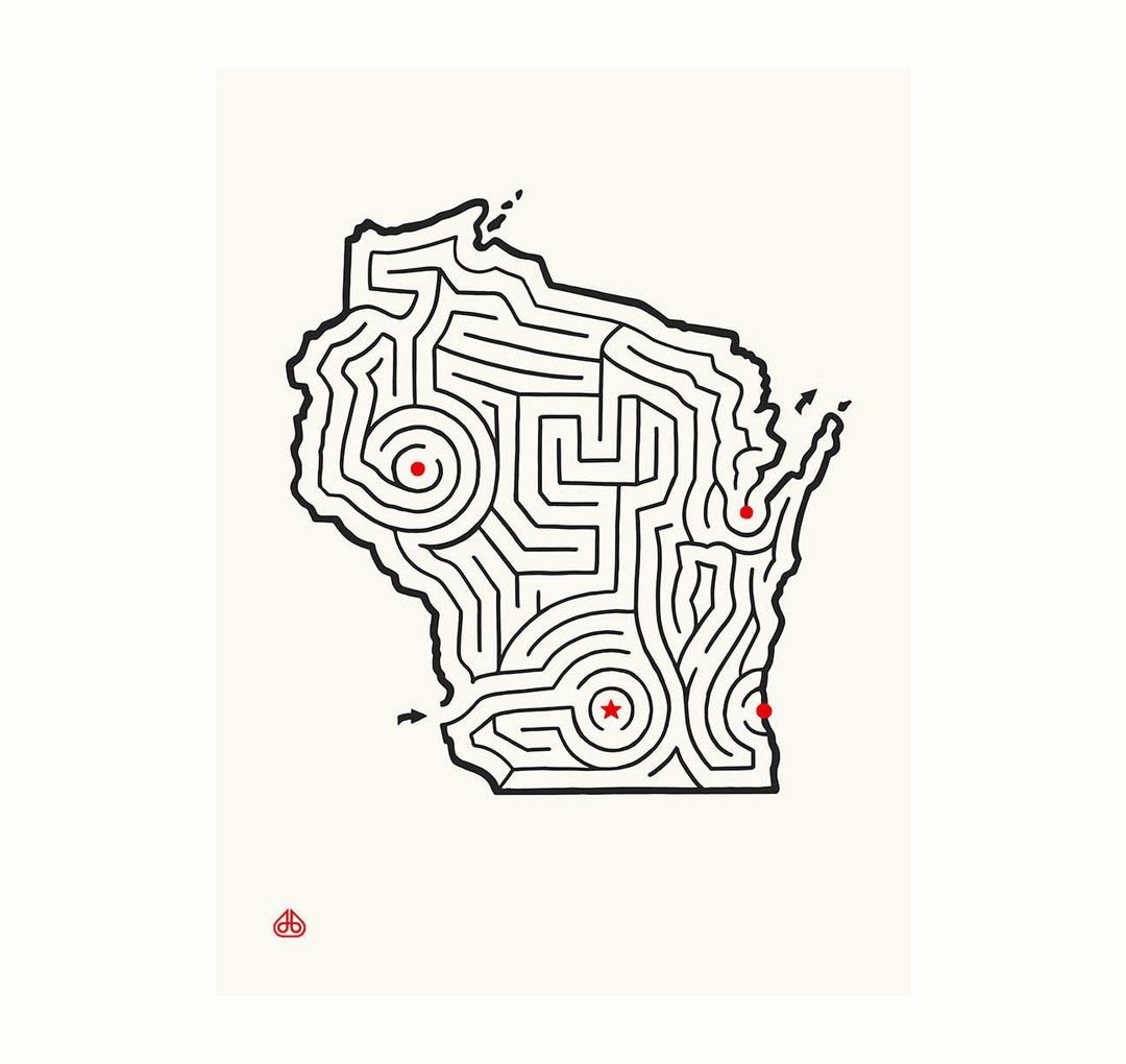 12x16" WISCONSIN Map State Maze Offset Print | Hand-drawn Design ...