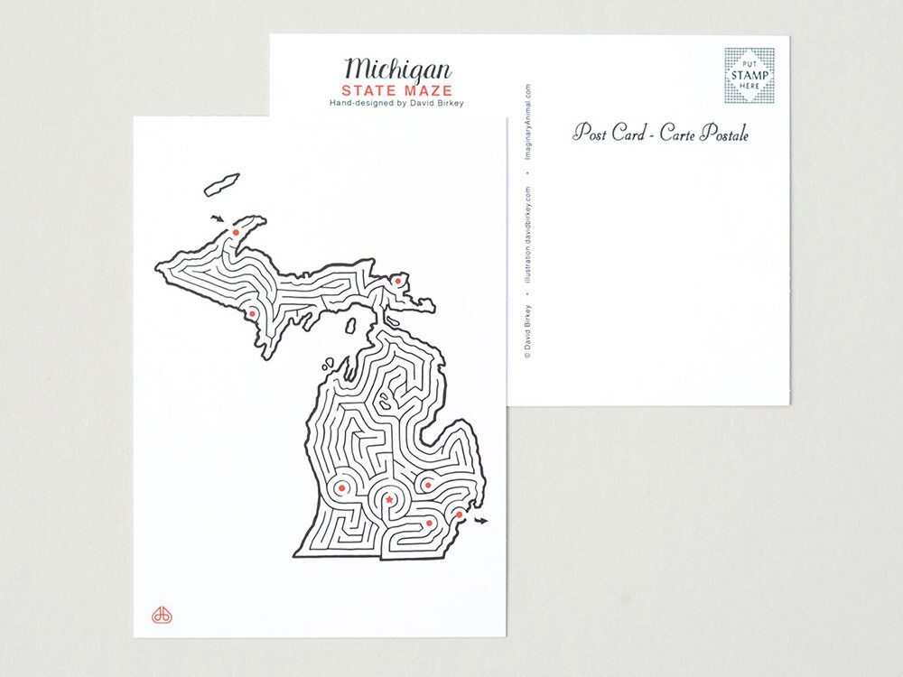 MICHIGAN Maze 5x7" Postcard | Hand Designed by David Birkey | Lansing ...