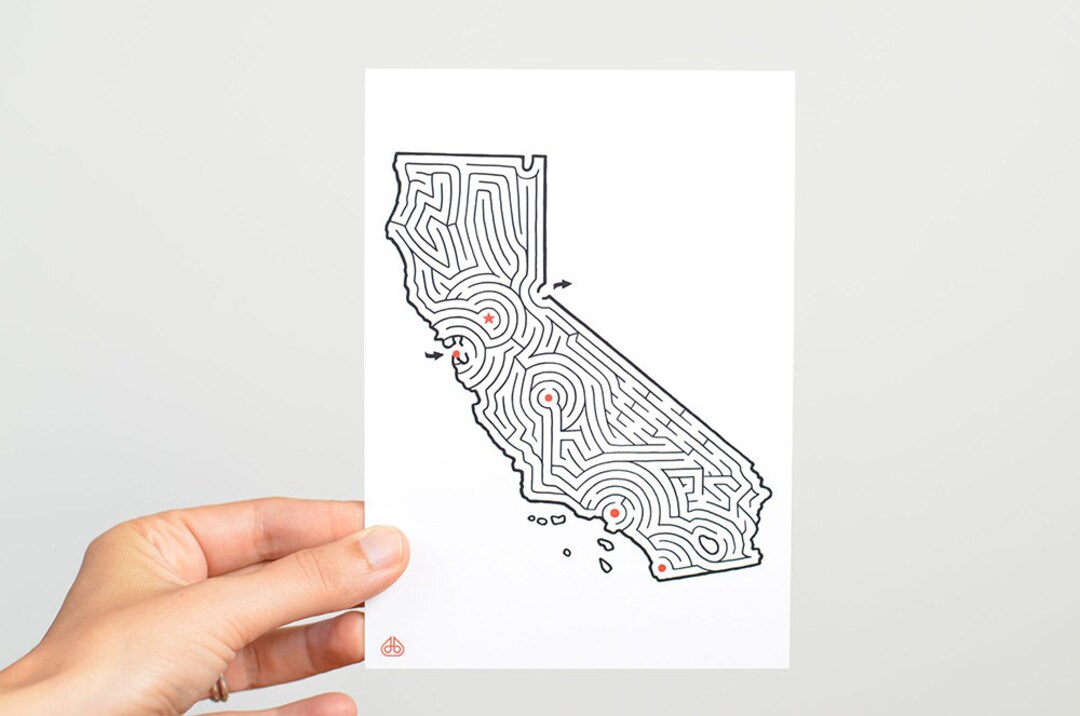 CALIFORNIA Maze 5x7" Postcard | Hand Designed by David Birkey | San ...