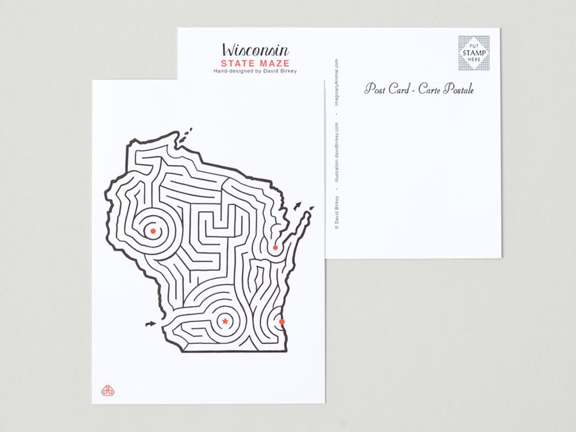 WISCONSIN Maze 5x7" Postcard | Hand Designed by David Birkey ...
