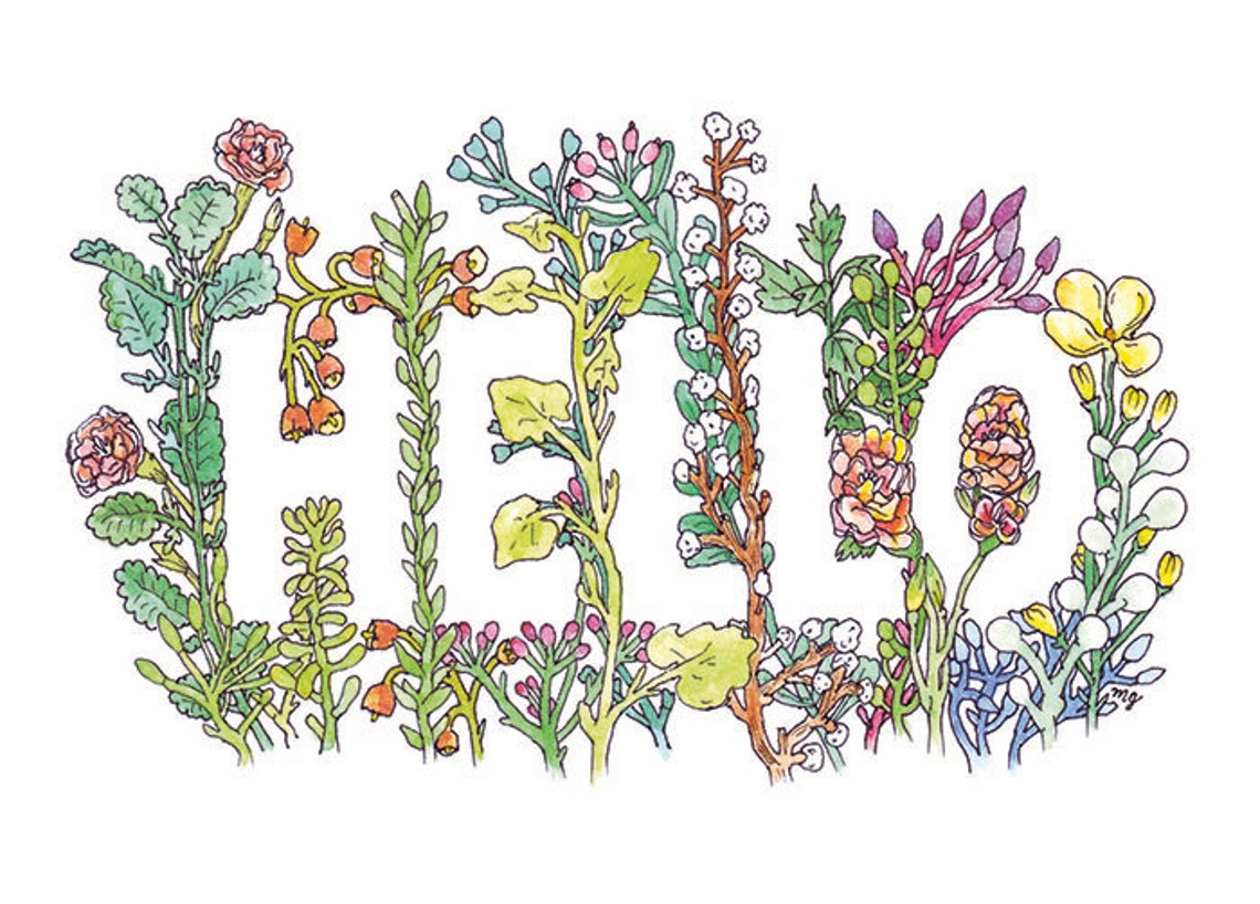 Greeting Card Hello in Flowers Illustration by Marie - Etsy