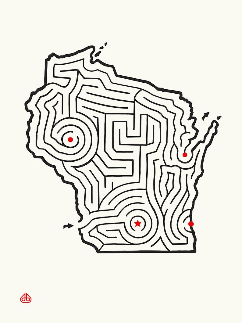 12x16" WISCONSIN Map State Maze Offset Print | Hand-drawn Design ...