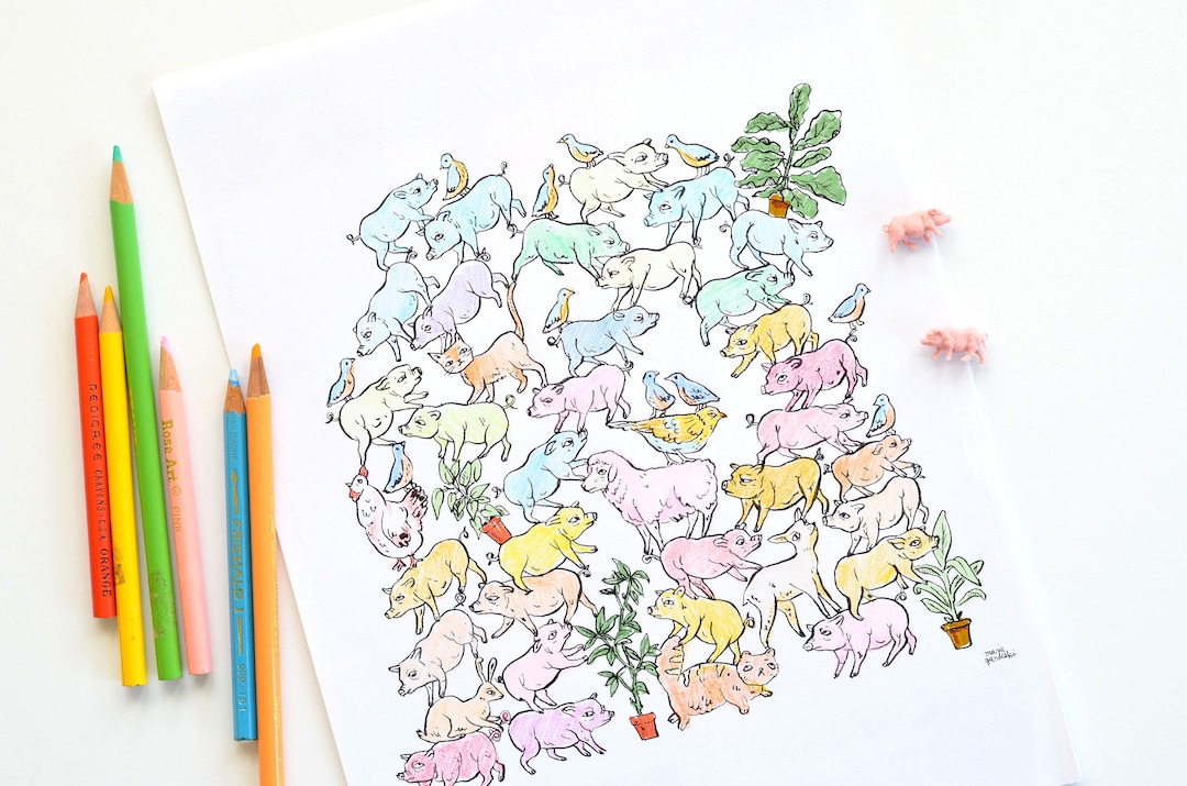 Pig Stack Coloring Page | Funny Animal Illustration to Color for Adults ...