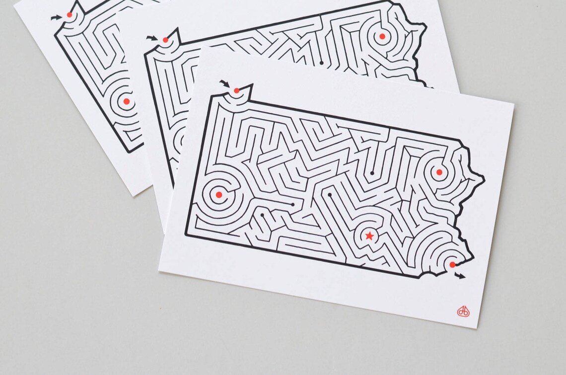 PENNSYLVANIA Maze 5x7" Postcard | Hand Designed by David Birkey | Erie ...