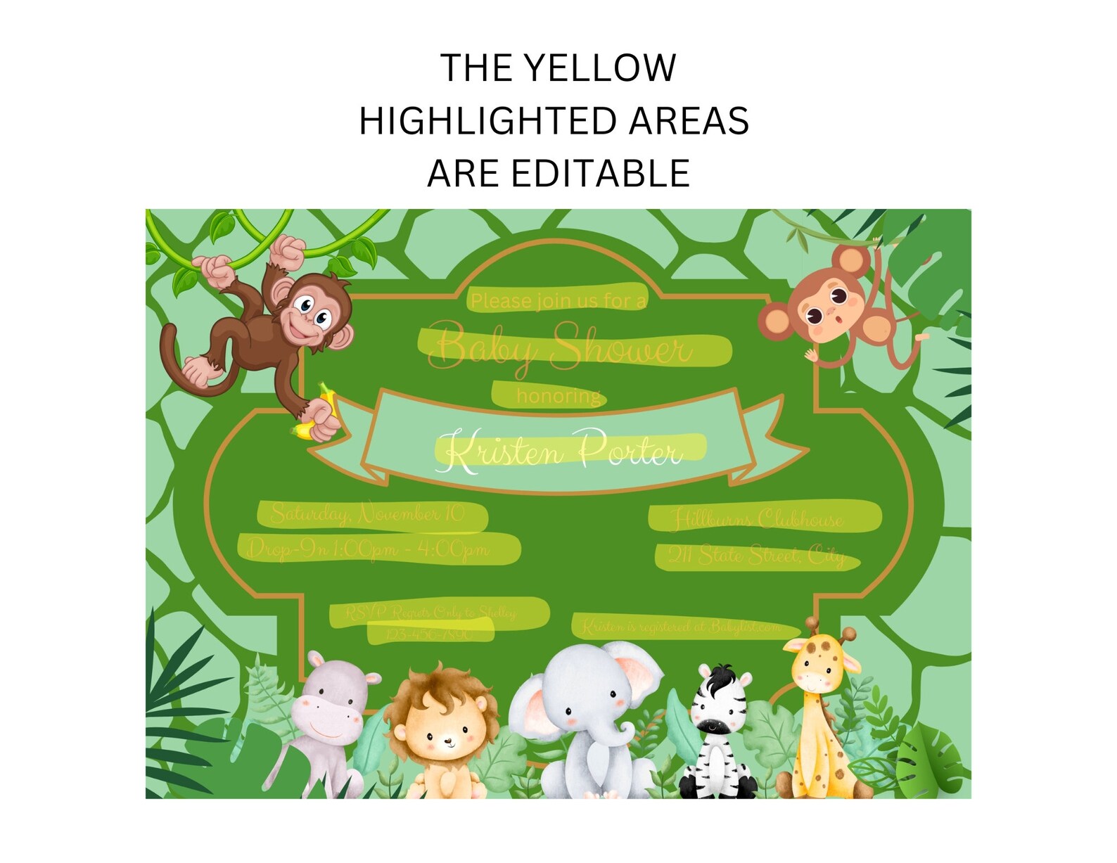 Editable Jungle Animals Baby Shower Invitation Template, Green Safari ...