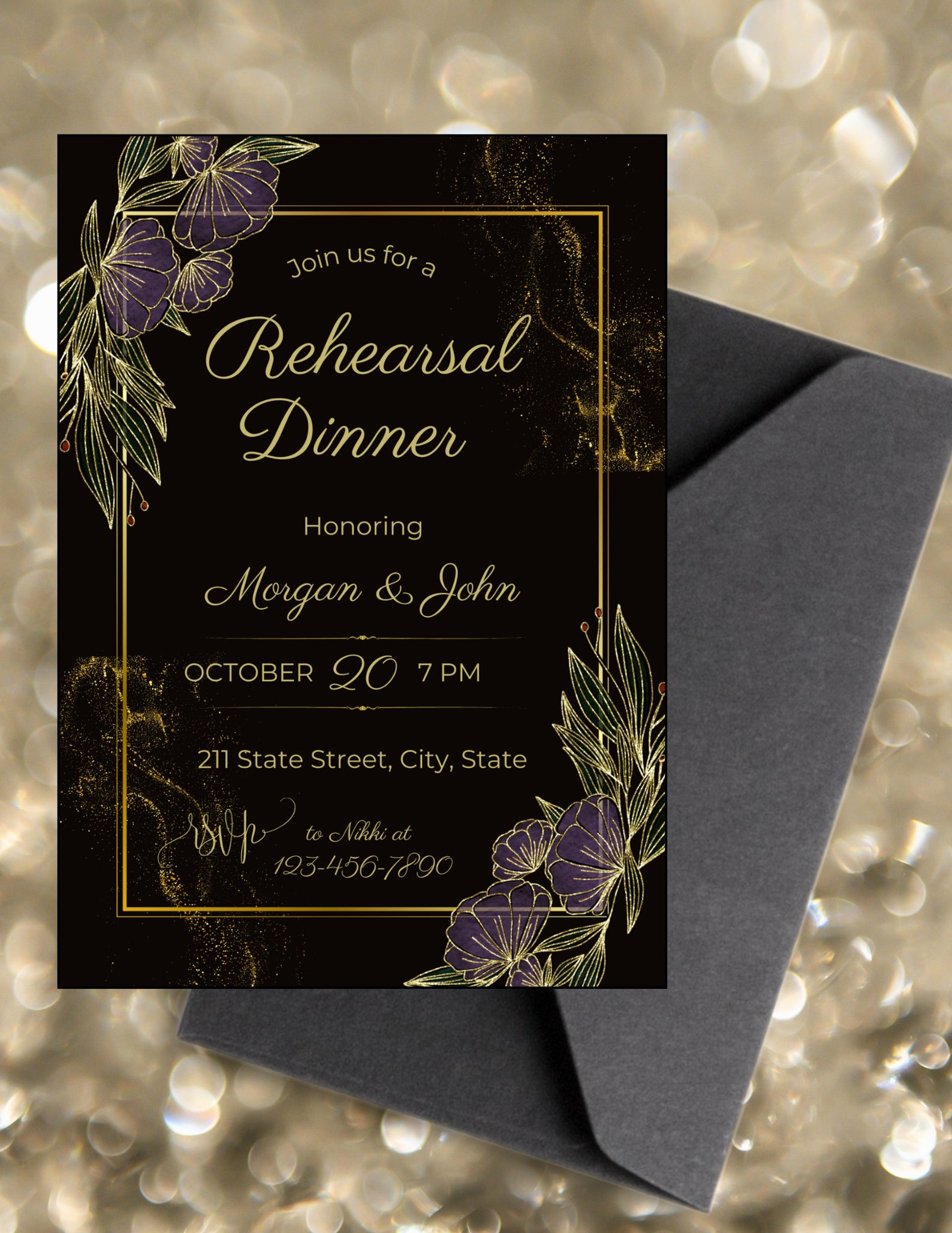 Editable Black With Gold and Purple Rehearsal Dinner Invitation ...