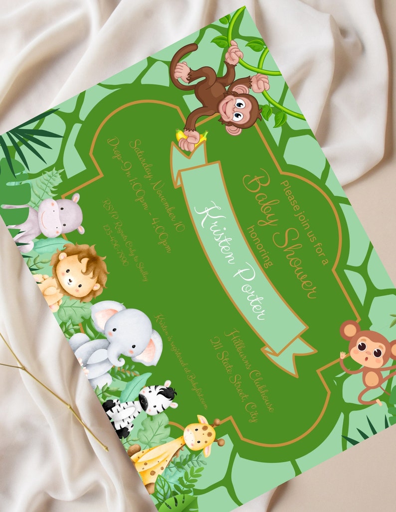 Editable Jungle Animals Baby Shower Invitation Template, Green Safari ...