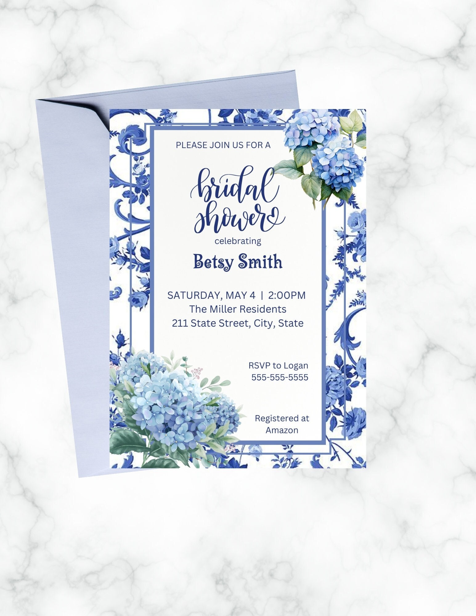 Blue Hydrangea Editable Bridal Shower Invitation Template, Bridal ...