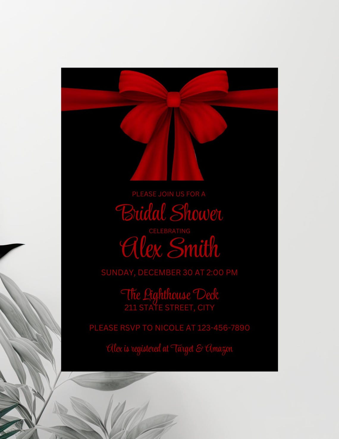 Elegant Black and Red Bow Invitation Template: Bridal or Baby Shower ...