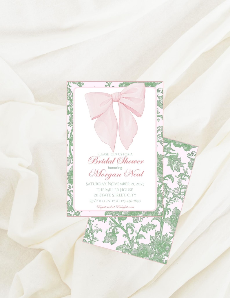 Classy Southern Pink and Green Design Bow Bridal Shower Invitation ...