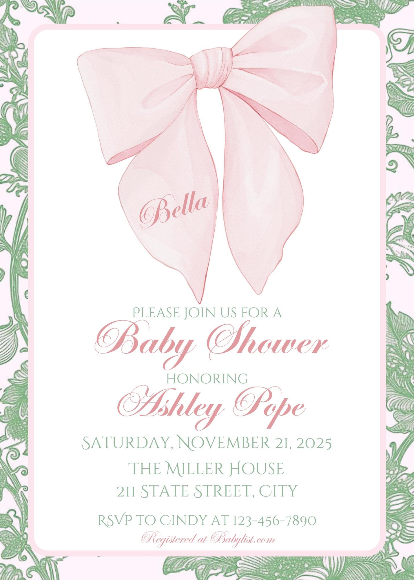 Pink and Green Toile Baby Shower Invitation Template With Bow / Girl ...