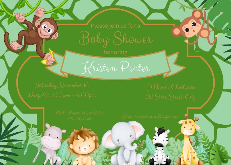Editable Jungle Animals Baby Shower Invitation Template, Green Safari ...