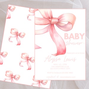 Charming Editable Pink Bow Baby Shower Invitation Template Pink Theme ...