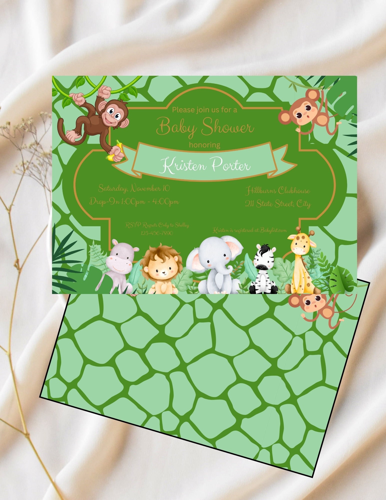 Editable Jungle Animals Baby Shower Invitation Template, Green Safari ...
