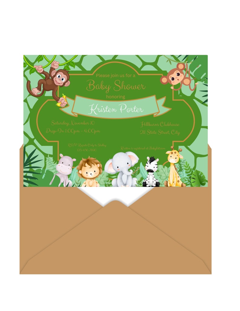 Editable Jungle Animals Baby Shower Invitation Template, Green Safari ...