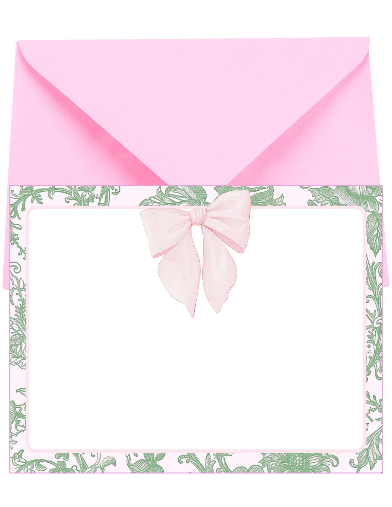 Pink Bow Note Card Template: Printable Thank You Stationery (instant ...