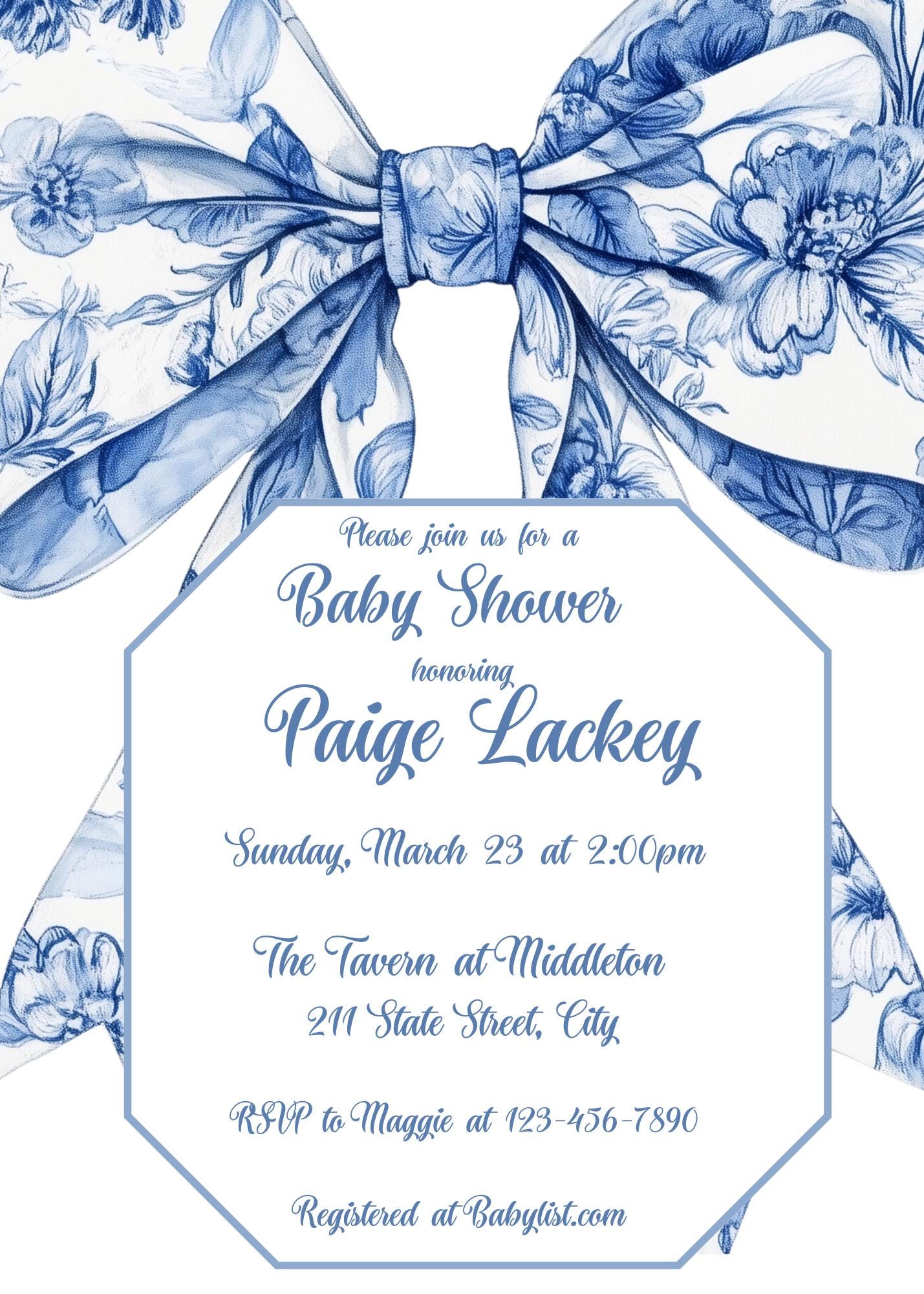 Blue and White Toile Bow Baby Shower Invitation Template, Customizable ...