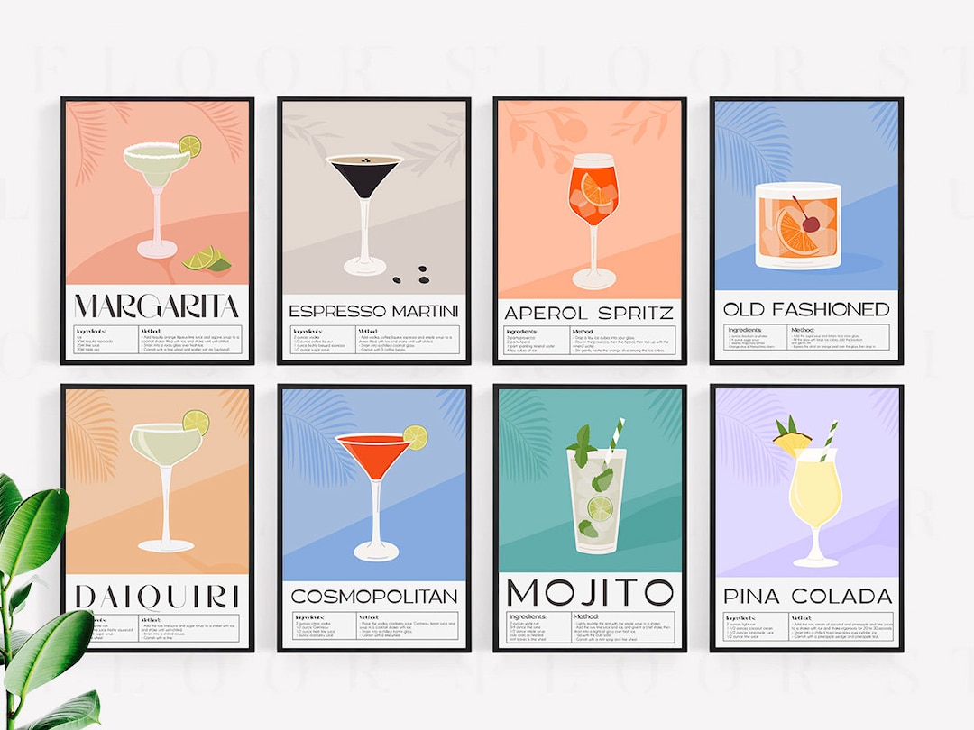 12 Cocktail Prints Printable Posters Minimal Cocktail Wall Decor Print ...