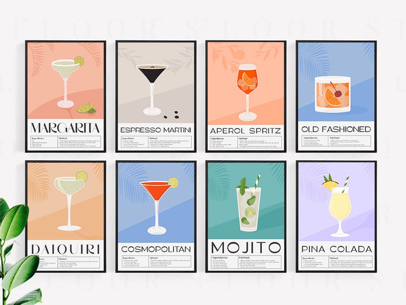 12 Cocktail Prints Printable Posters Minimal Cocktail Wall Decor Print ...