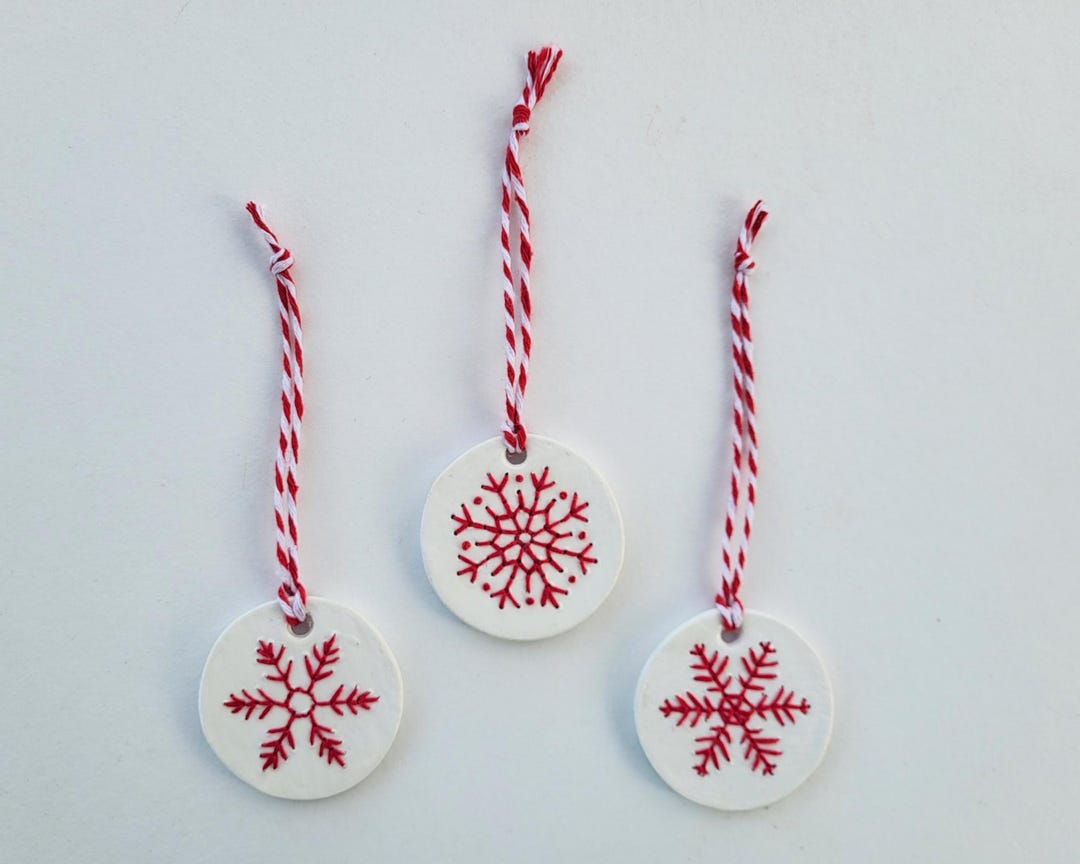 Red & White Embroidered Clay Snowflake Ornaments Set of 3 - Etsy