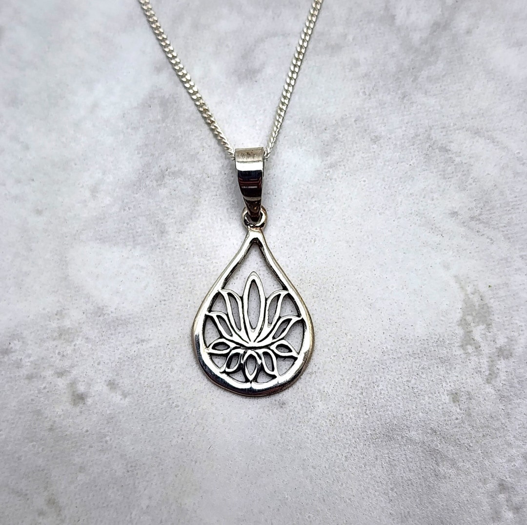 Teardrop Silver Lotus Blossom Necklace, Sterling Silver, Zen, Yoga ...
