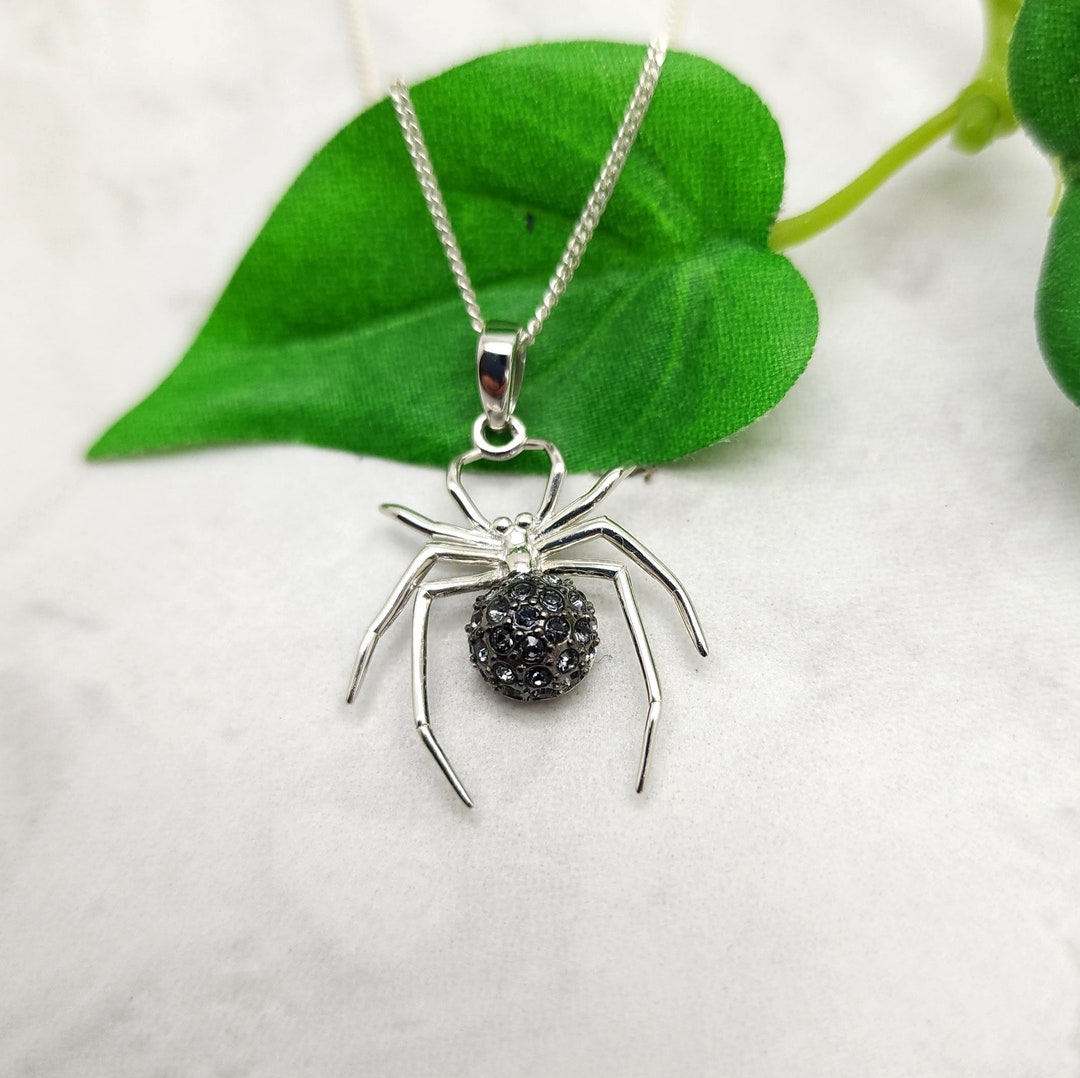 Spider Necklace, 925 Sterling Silver, Spider Pendant, Black Crystals ...
